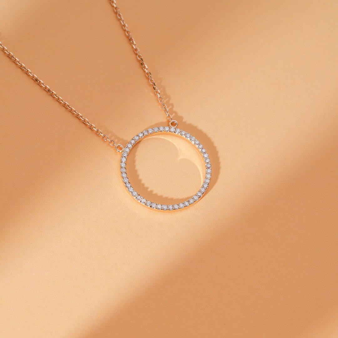 Large Circle Diamond Necklace, Circle of Life Charm, Dainty Round Pave ...