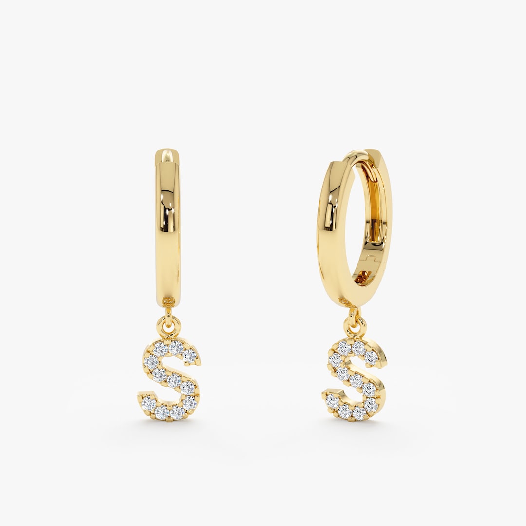 Diamond Initial Huggies, Small Dangling Diamond Charm Hoop Earrings ...