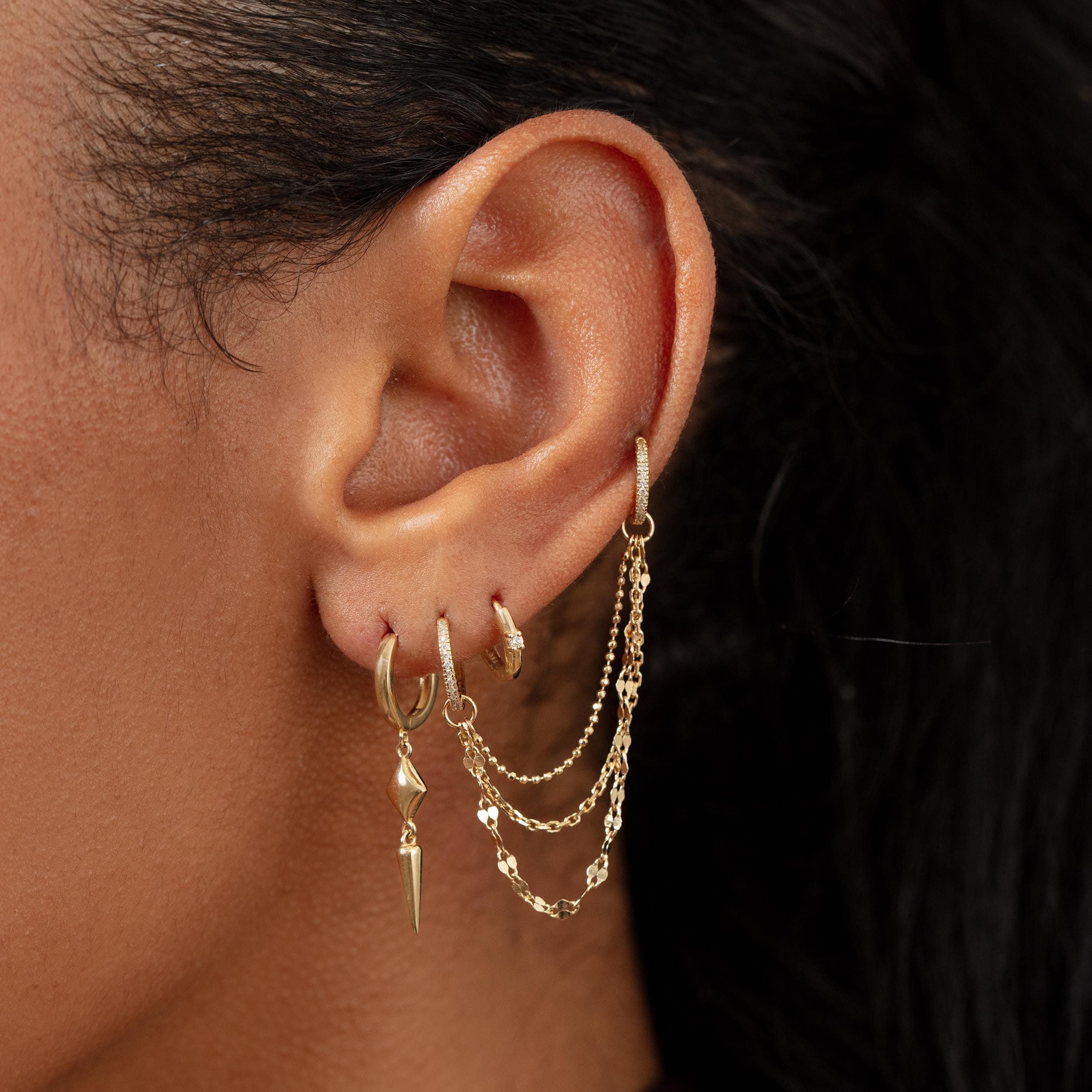 14k Solid Gold Triple Chain Earring Charm, Ear Chain Dangle, Layered ...