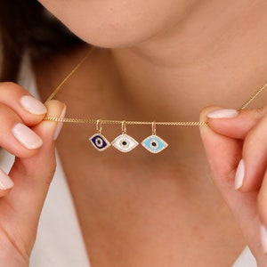 14K Solid Gold Evil Eye Charm, Diamond Pendant, Lucky Eye Necklace Charm, Enamel Evil Eye, Solid ...