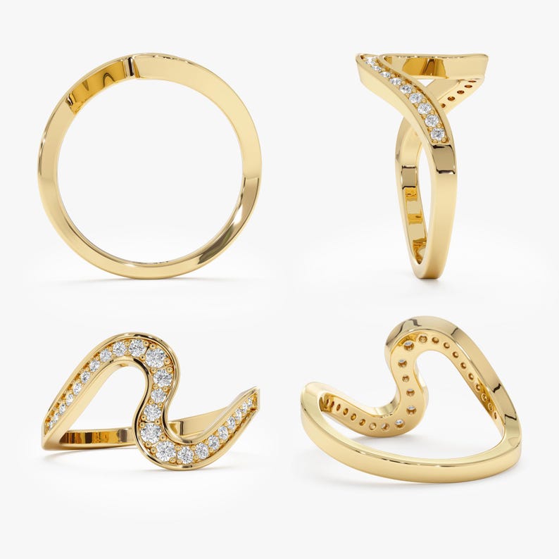 14k Solid Gold Natural Diamond Wave Ring, Tapered Curve Ring, Graduated ...