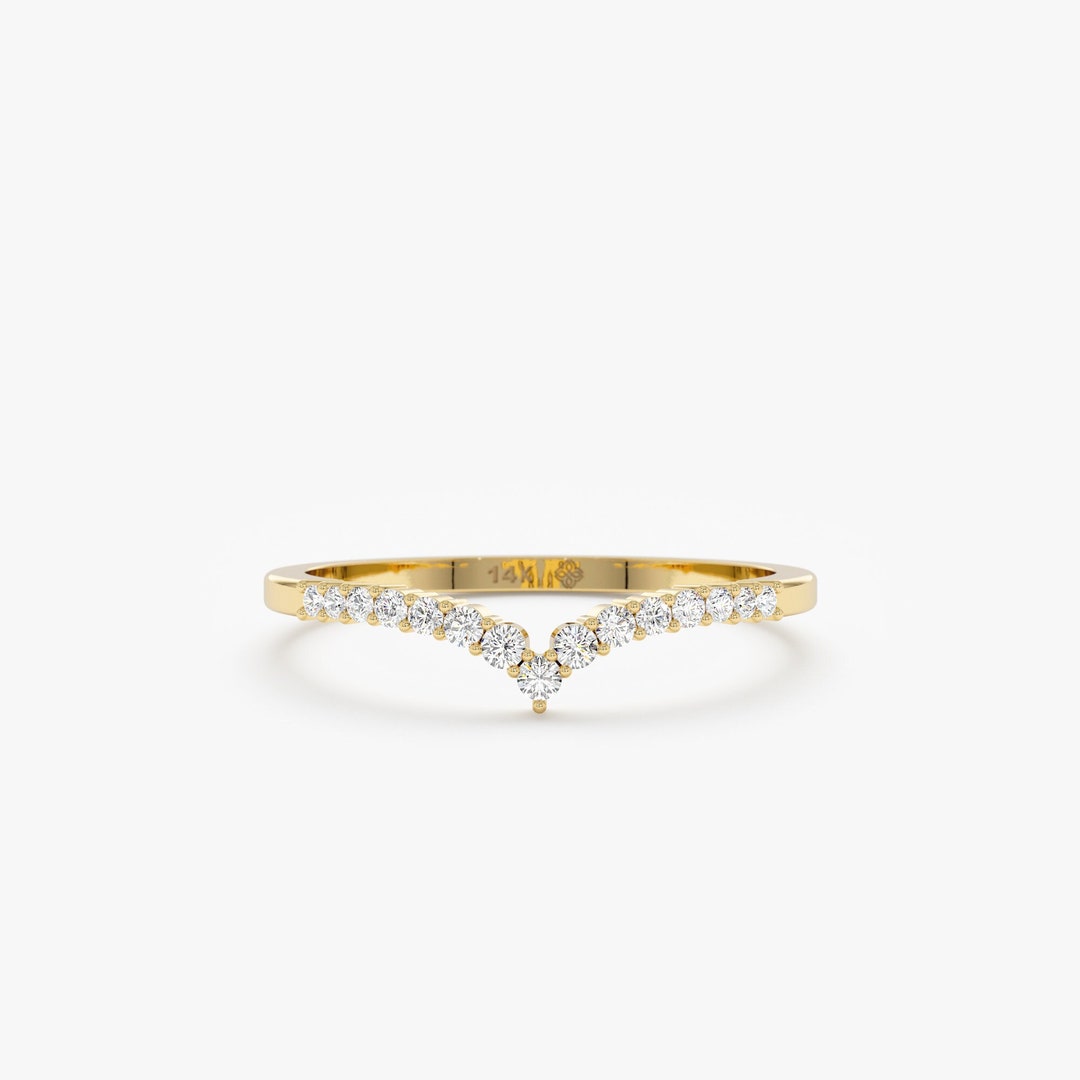Stackable Diamond V Ring, Stacking Curved Diamond Ring, Solid Gold ...