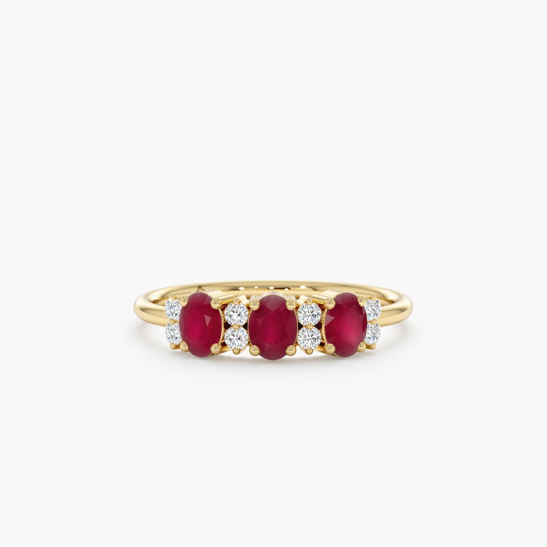 Natural Ruby Ring, 14k Ruby Stackable Ring, Round Diamonds and Oval Cut ...