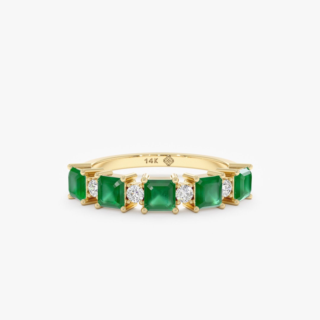Emerald and Diamond Alternating Ring, 14k Emerald Statement Ring, Square Cut Emerald, Stacking ...