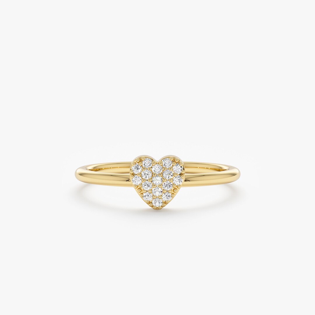 14k Small Diamond Heart Ring, Solid Gold Heart Ring, Micro Pave Diamond ...
