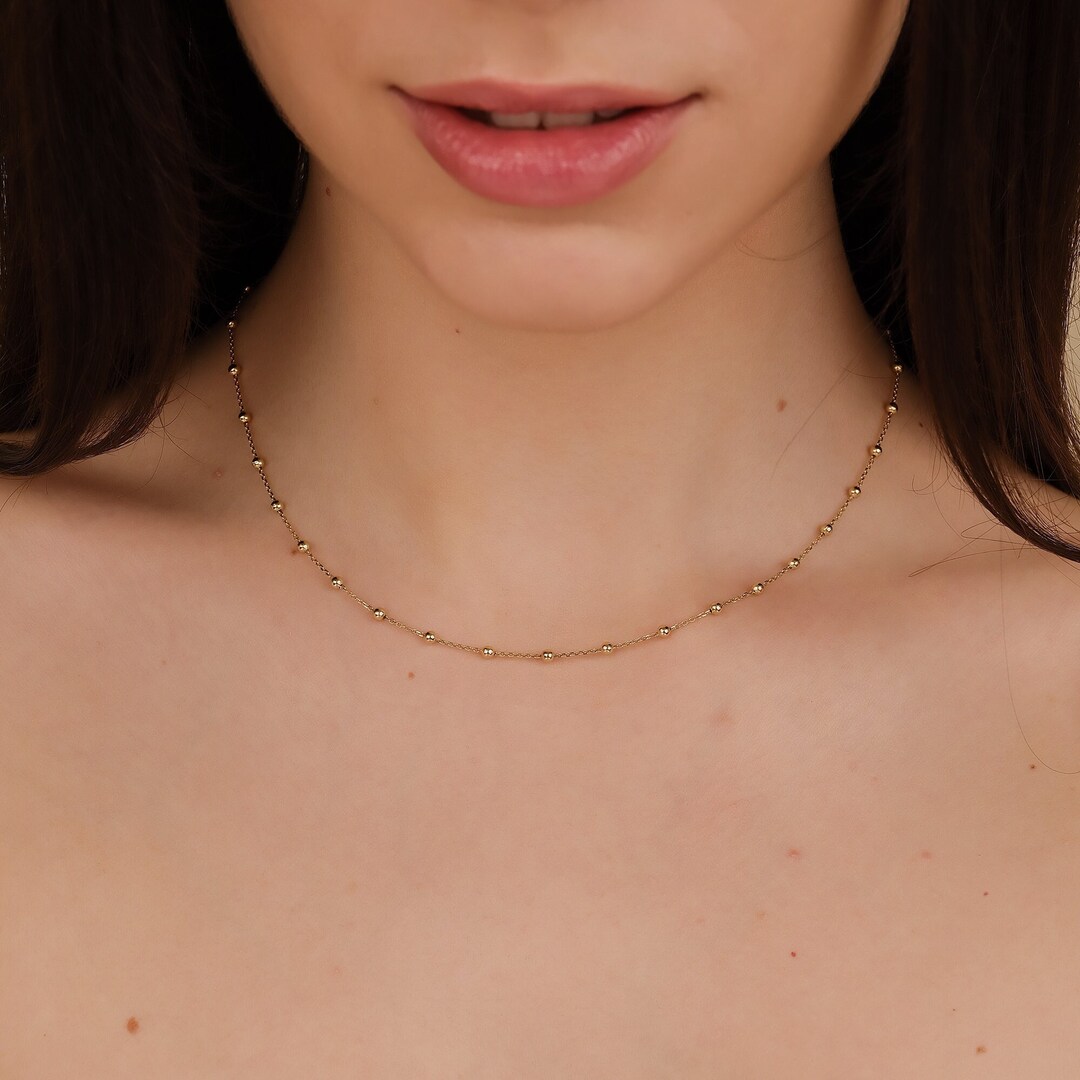 14k Solid Gold Beaded Chain, Unique Simple Gold Chain, Dainty Gold ...
