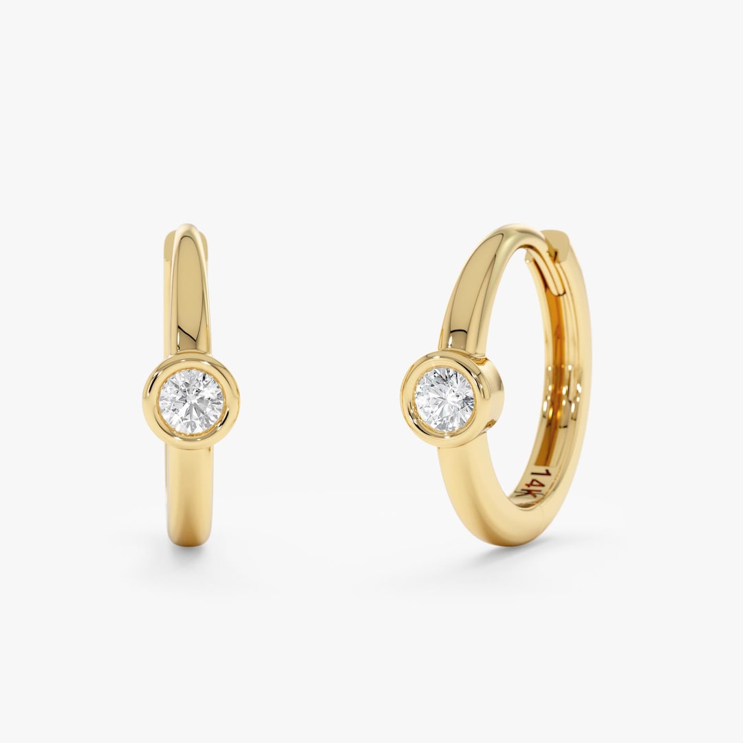 Bezel Solitaire Lab Grown Diamond Huggie Hoop Earrings 14K Solid Gold ...