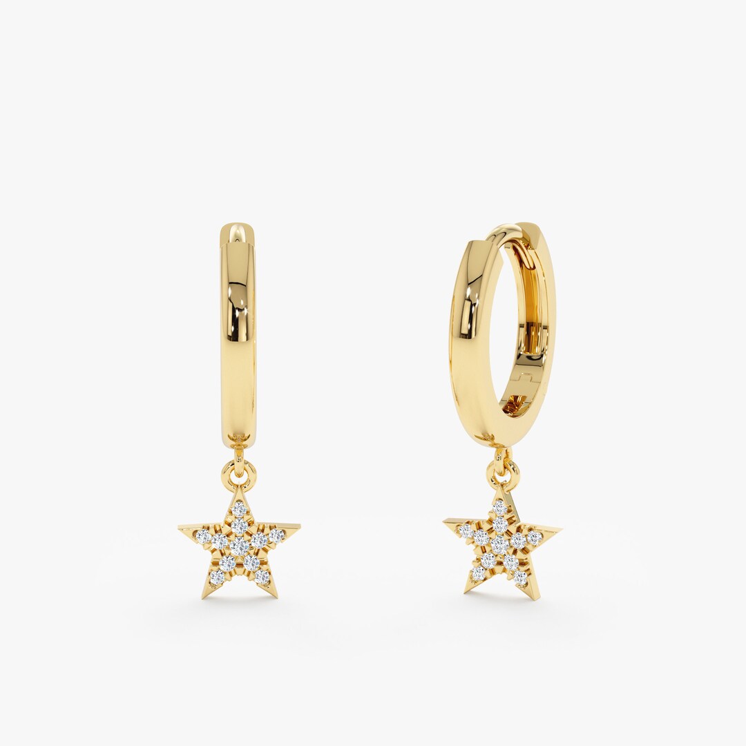 Diamond Star Huggies, Small Dangling Charm Star Earrings, Celestial ...
