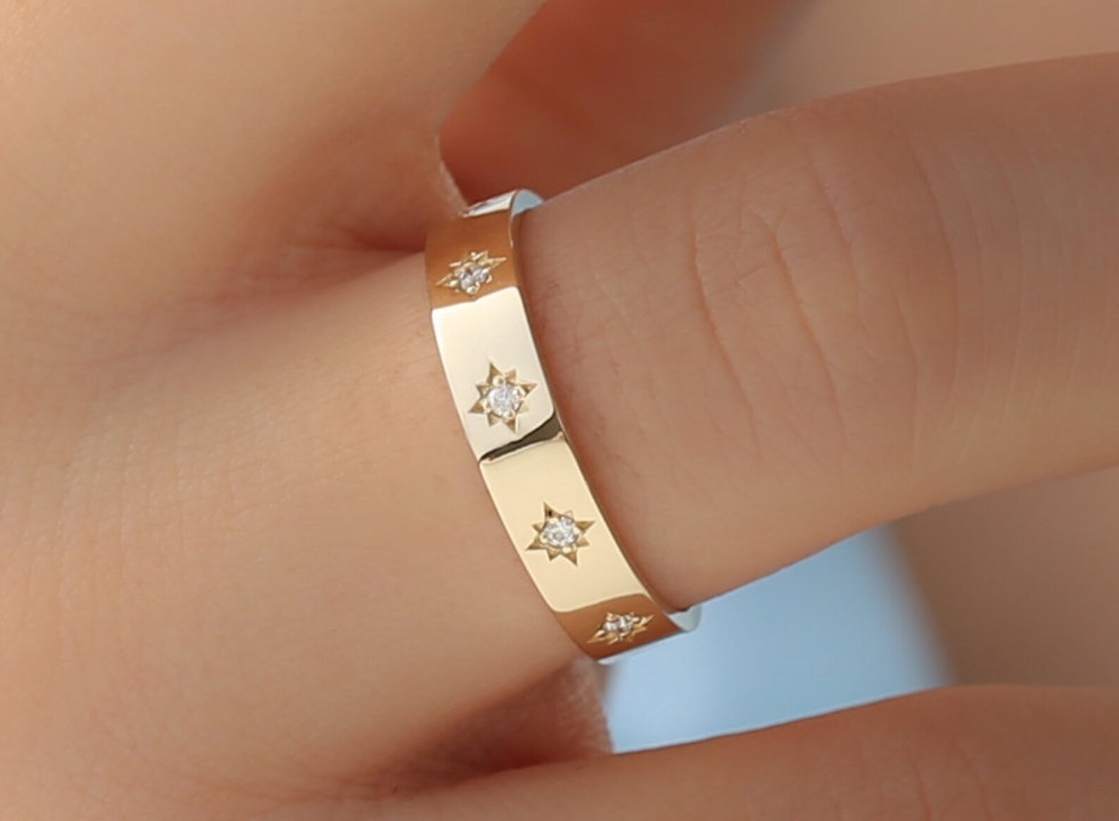 14k Gold Diamond Starburst Ring Stars Ring Half Eternity - Etsy