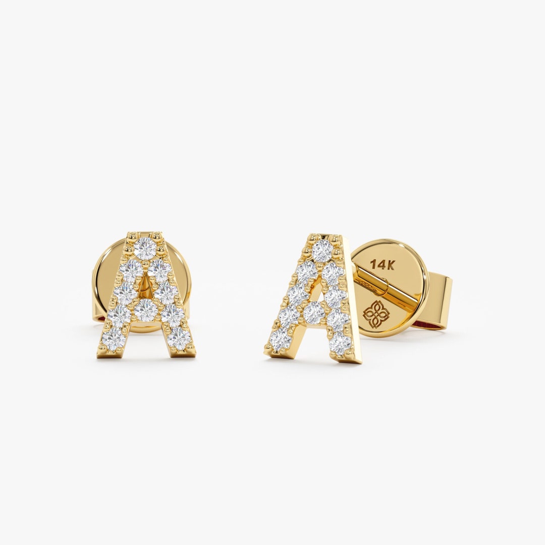 14k Gold Diamond Initial Stud Earrings Dainty Diamond Initial Earrings ...