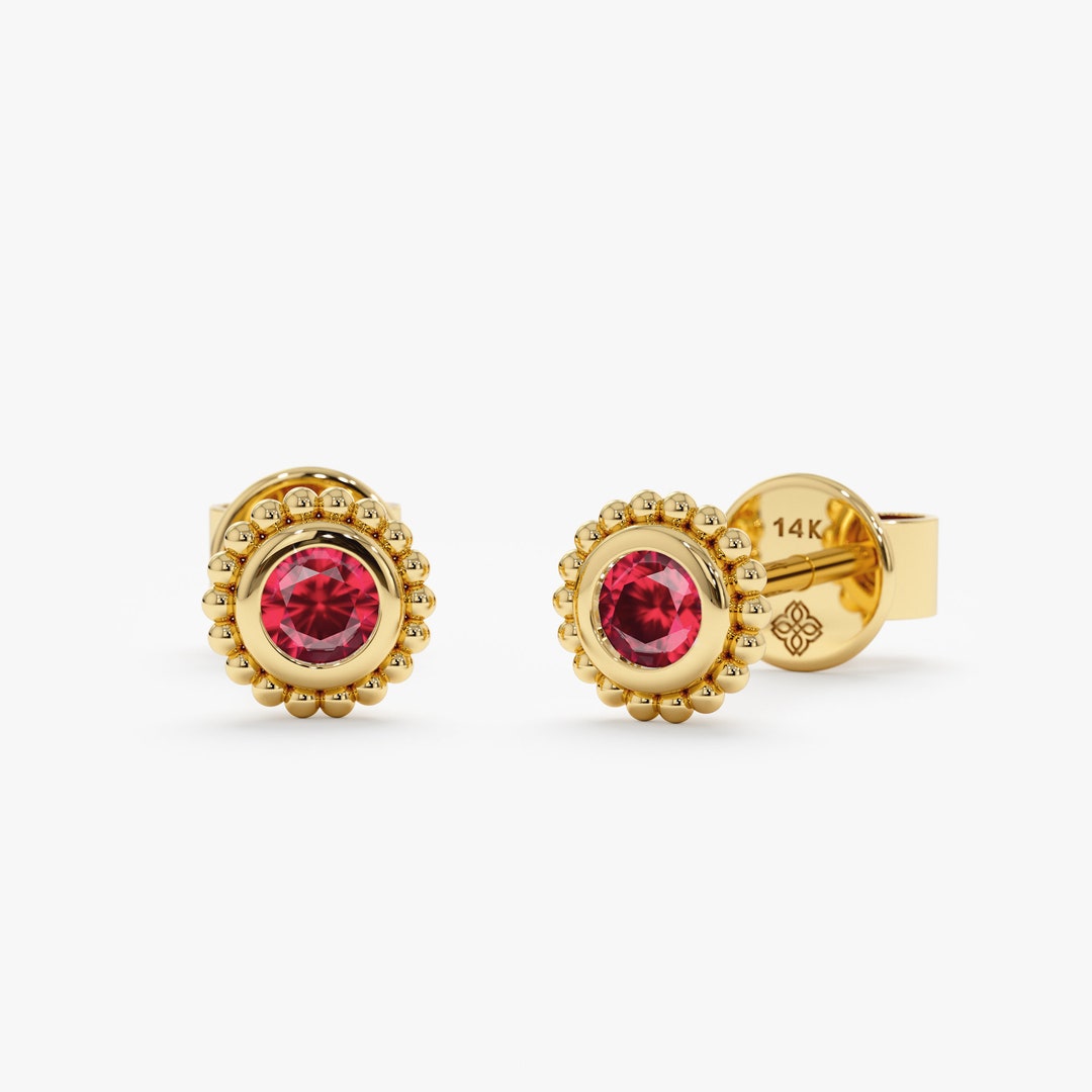 14k Ruby Earrings, Ruby Stud Earrings, Bezel Set Round Ruby Studs ...