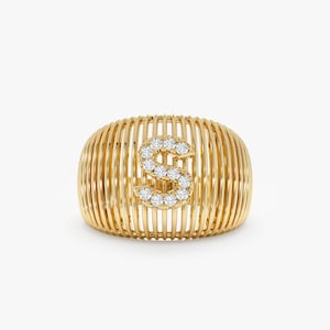 Unique Diamond Initial Ring, Dome Cage Design, 10k, 14k, 18k Solid Gold, Custom Diamond Initial ...