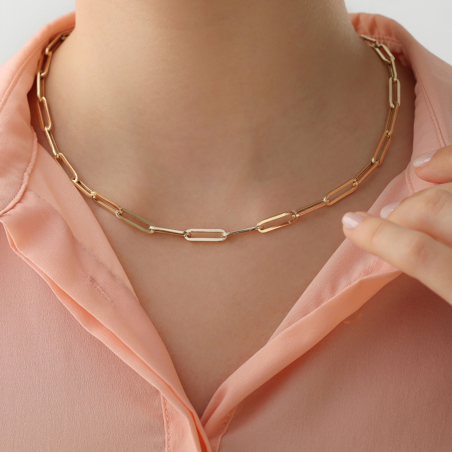 14k Solid Gold Paperclip Chain Necklace 14k Gold Paperclip - Etsy