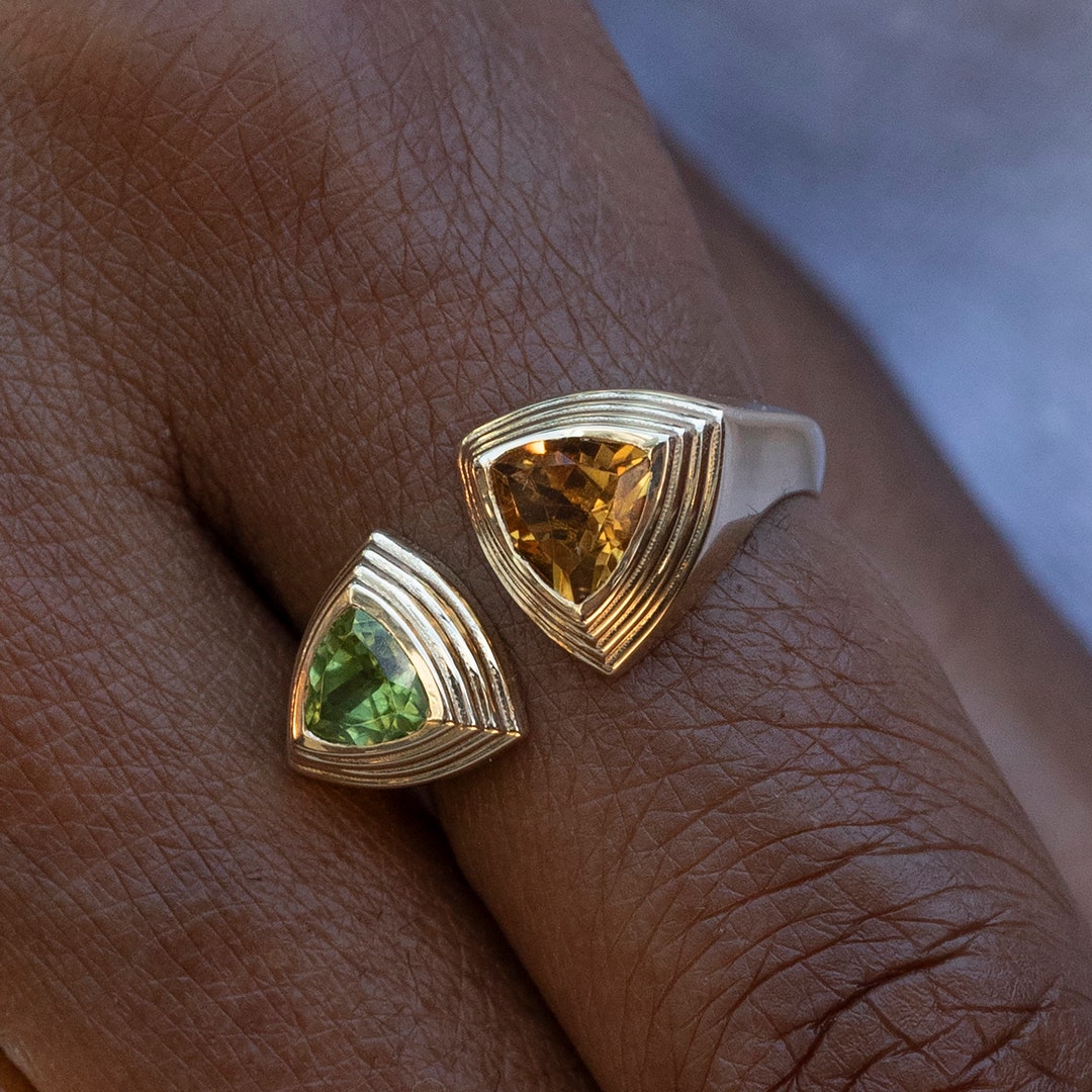 Solid Gold Citrine and Peridot Ring, 14k or 18k Plain Gold Birthstone ...