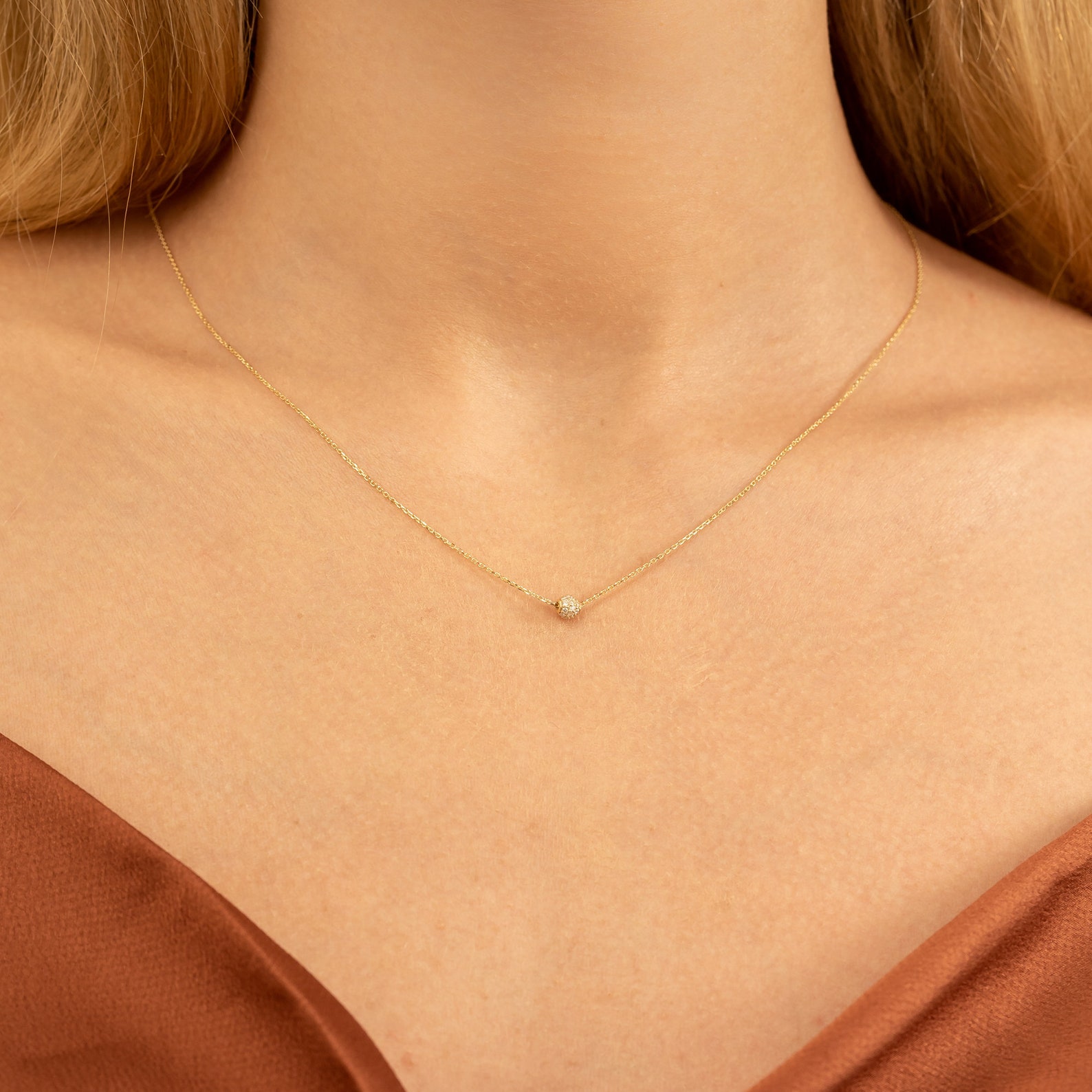 14k Gold Small Diamond Charm Necklace Gold Ball Necklace - Etsy