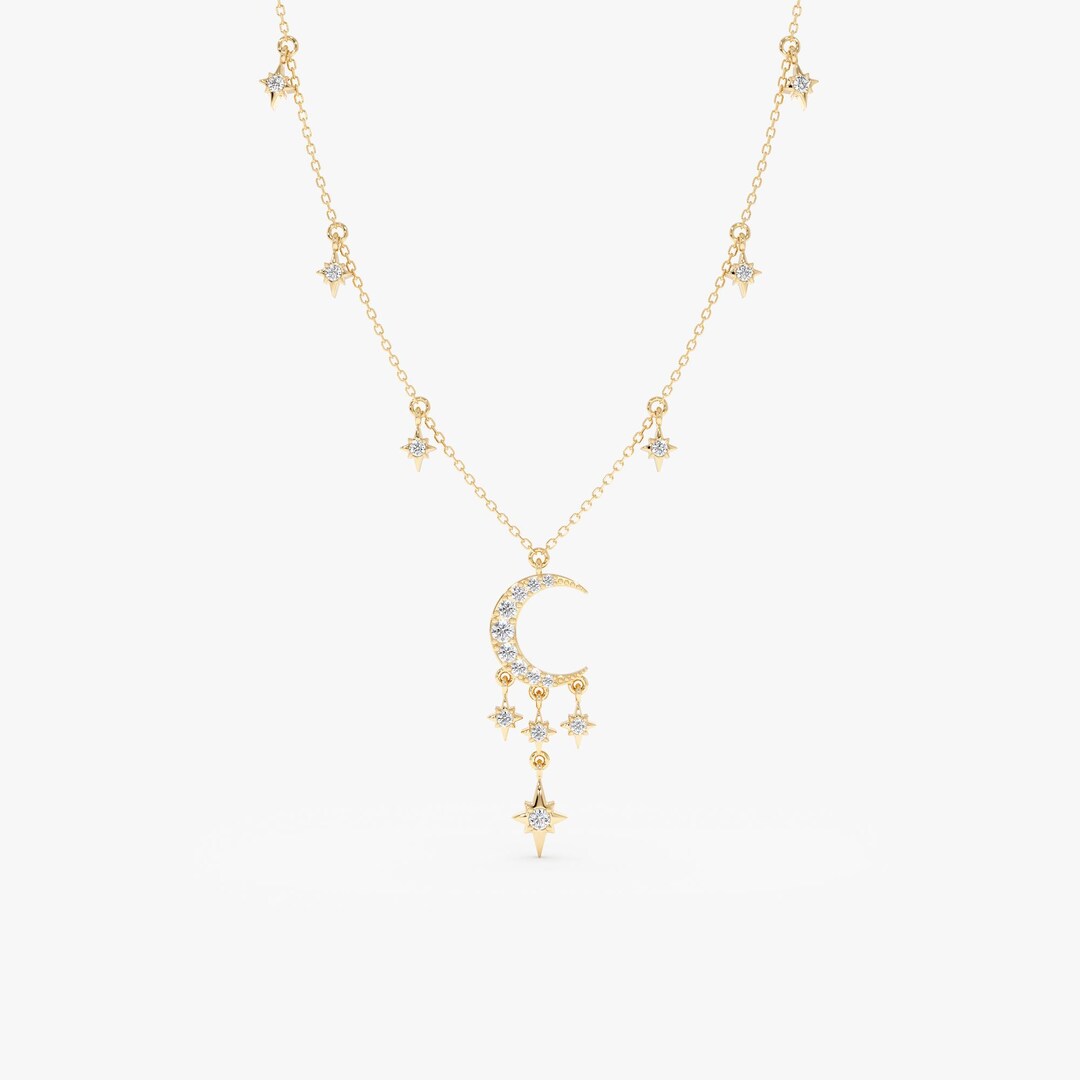 Gold Moon and Stars Diamond Necklace, Lab Grown Celestial Dangle ...