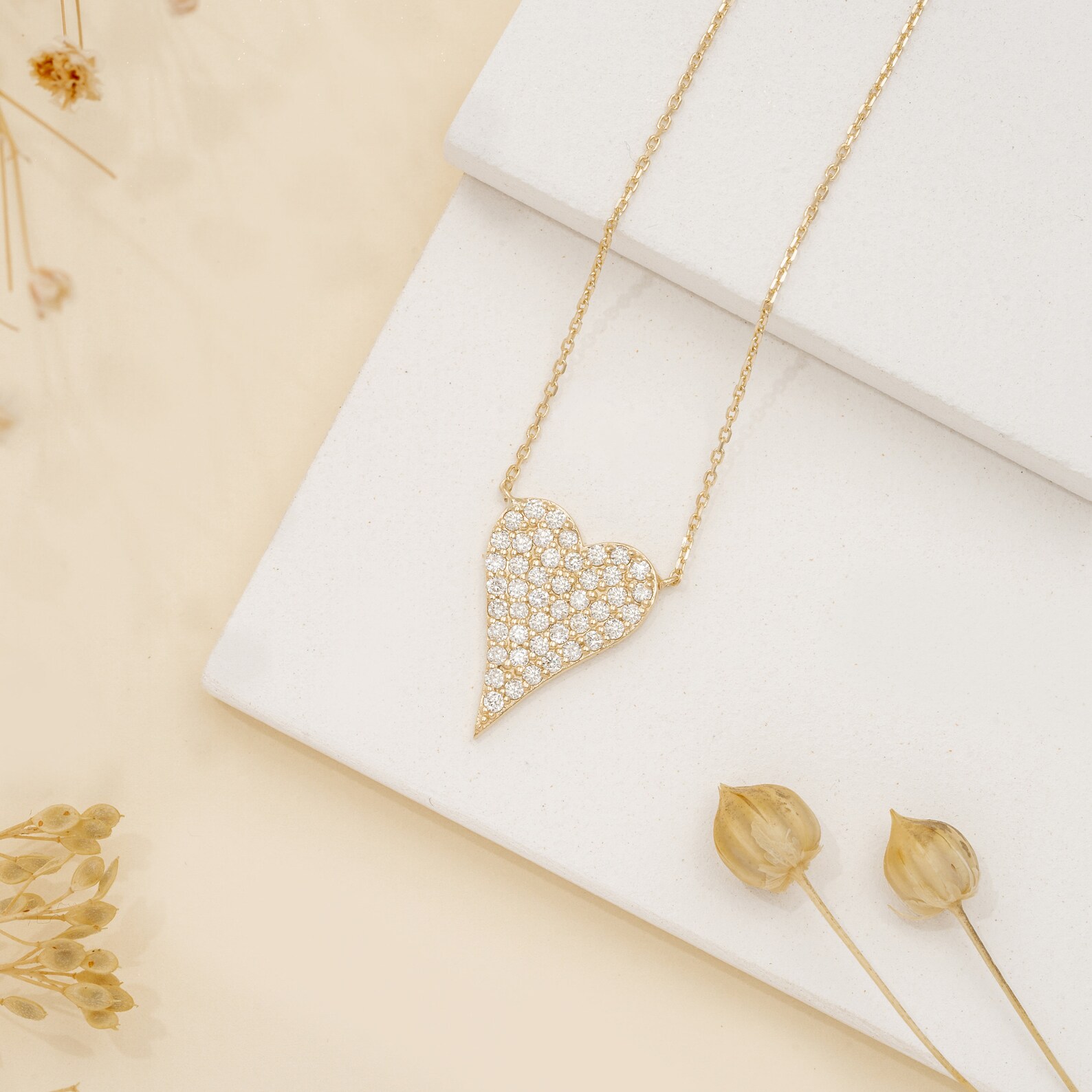 14k Solid Gold Diamond Elongated Heart Necklace, Pave Necklace, Heart ...