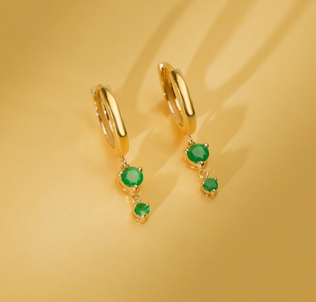 14k Emerald Huggies, Huggies With Dangly Emeralds, 14k or 18k, Solid ...
