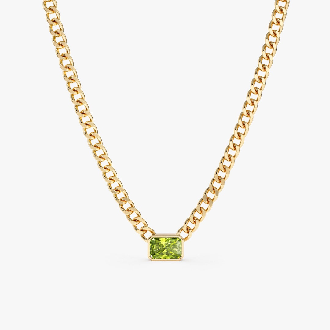 14k Peridot Cuban Chain Necklace, Octagon Peridot, Bezel Set Birthstone ...