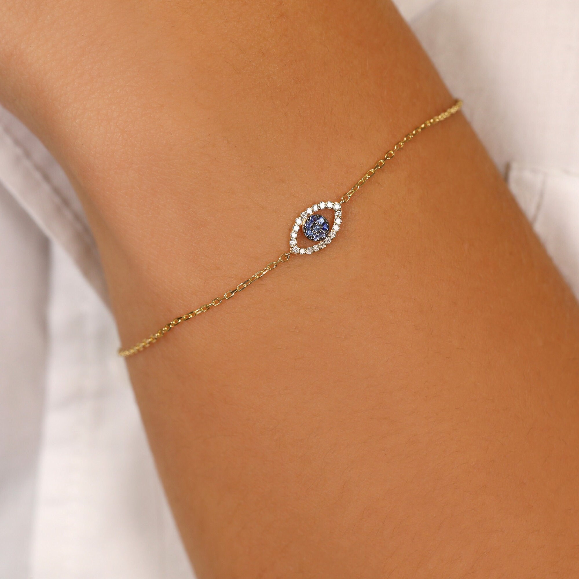 Diamond Evil Eye Bracelet 14k Gold Evil Eye Bracelet Diamond - Etsy UK