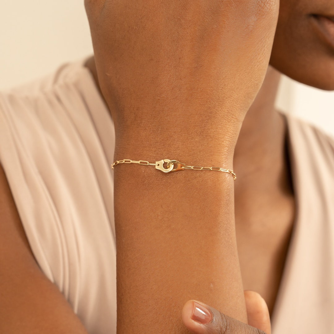 14k Gold Handcuff Bracelet, Dainty Paperclip Chain Bracelet, Solid Gold ...