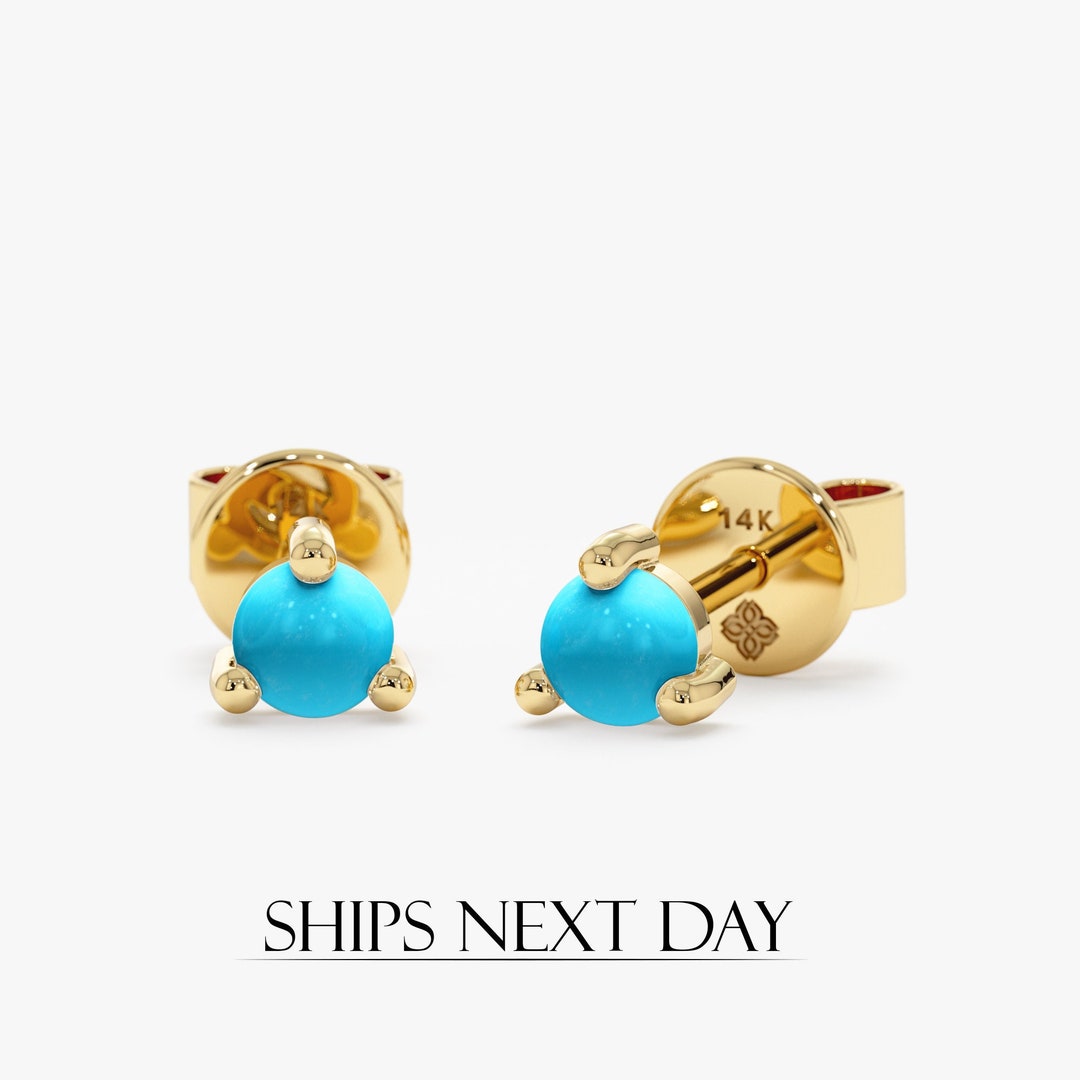 14k Solid Gold Turquoise Studs, Natural Gemstone, 3 Prong Setting ...