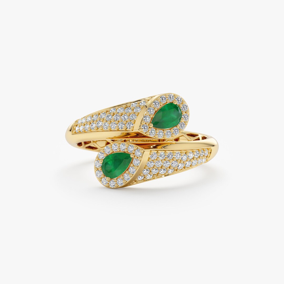 Diamond Emerald Wrap Around Ring, 14k or 18k Solid Gold, Natural ...