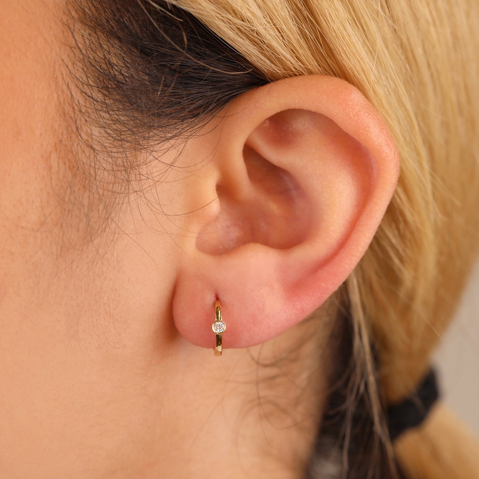 Solid Gold Huggies, Diamond Small Huggies, Dainty 14k Gold Hoop ...