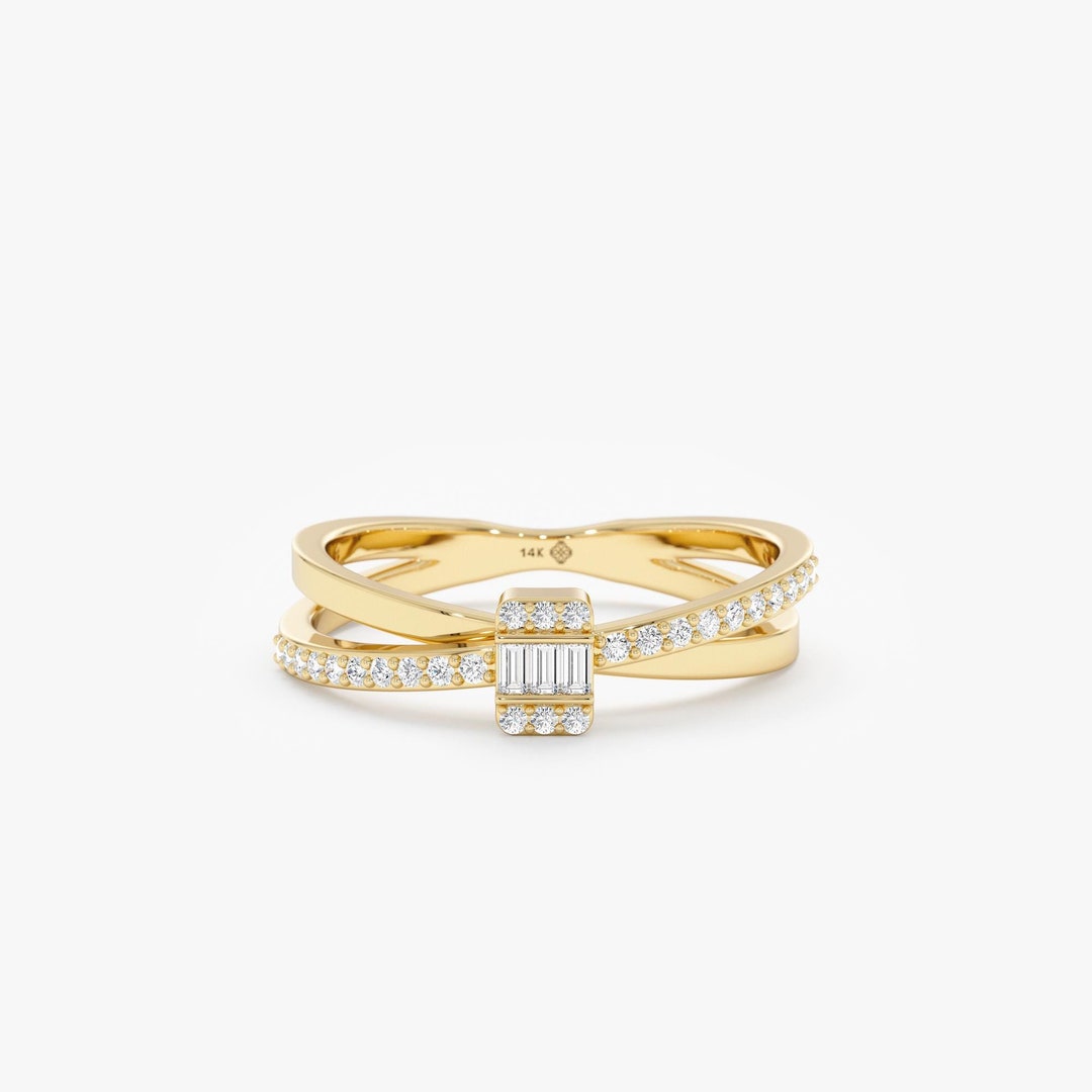 14k Gold Criss Cross Diamond Ring, Diamond Engagement Ring, Double Band ...
