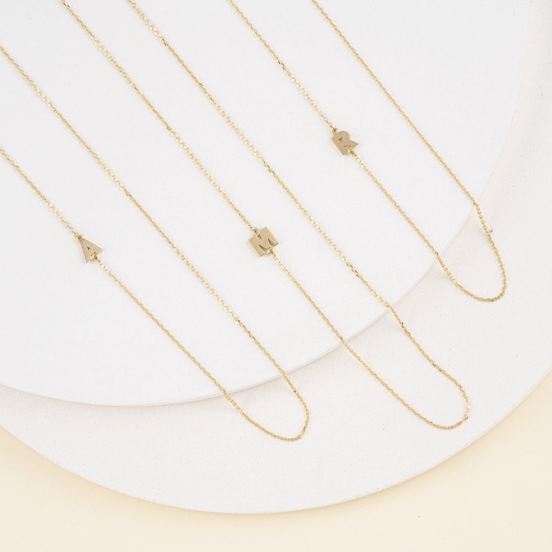 14k Mini Gold Initial Necklace, Small Plain Sideway Initial Necklace ...