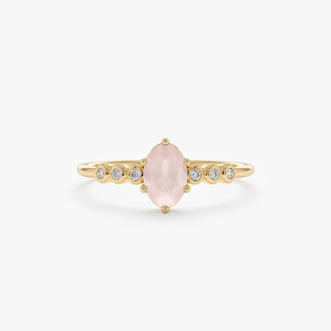 14k Gold Diamond and Rose Quartz Ring, Gemstone Engagement Ring ...