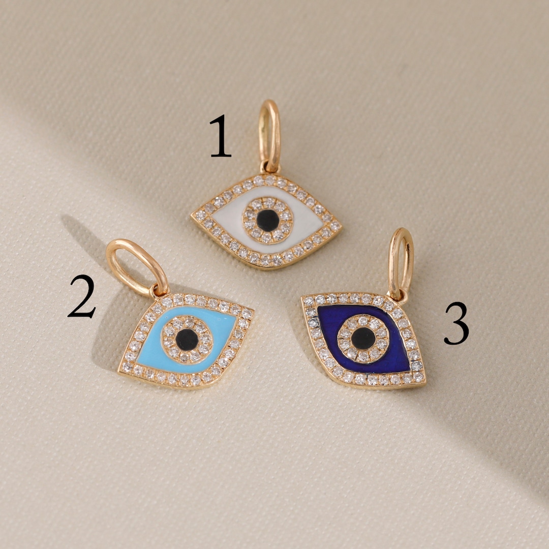 14K Solid Gold Evil Eye Charm, Diamond Pendant, Lucky Eye Necklace ...