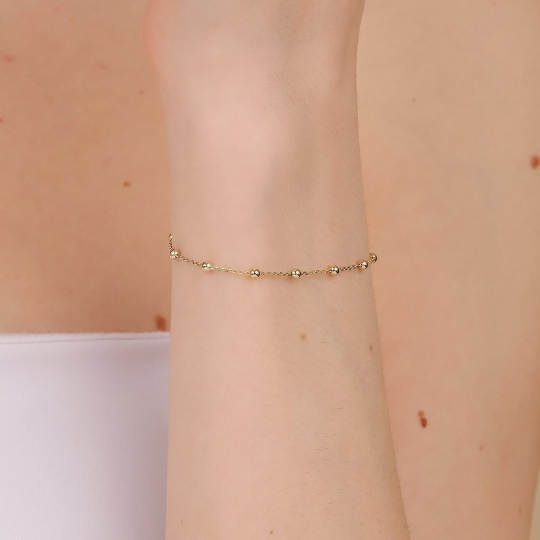 14k Gold Beaded Chain, Solid Gold Chain With Gold Beads, Simply ...