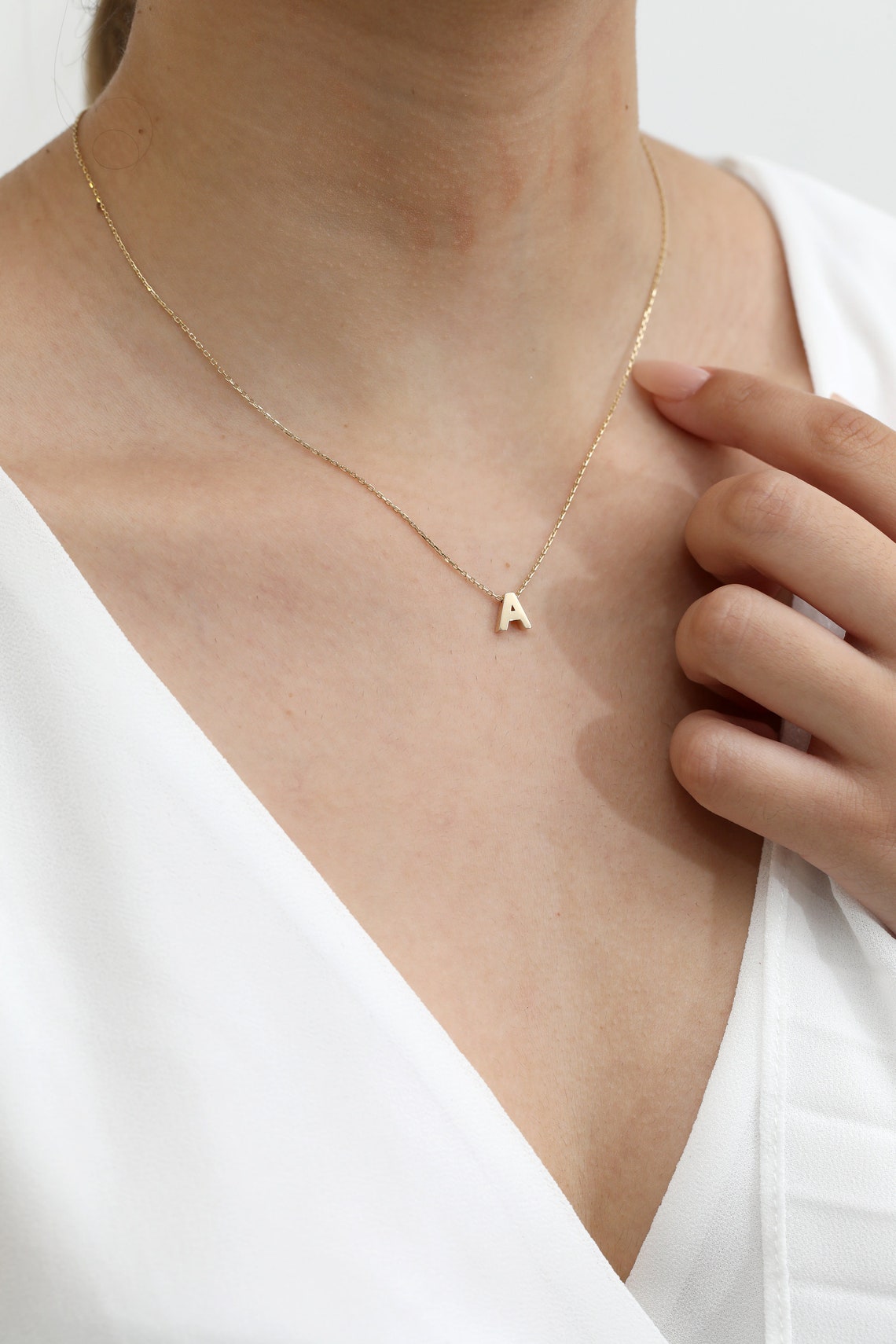 14k Solid Gold Initial Necklace, Dainty Initial Necklace, Plain Gold ...