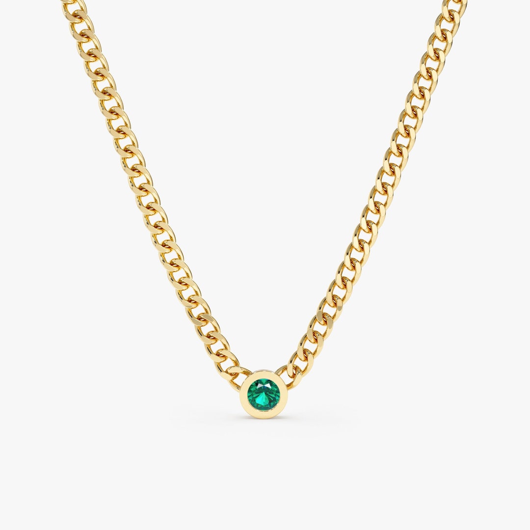 Emerald Solitaire Necklace, 14k Gold Cuban Chain, Curb Chain Choker ...