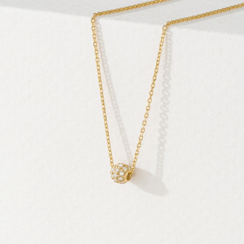 14k Gold Small Diamond Charm Necklace Gold Ball Necklace - Etsy