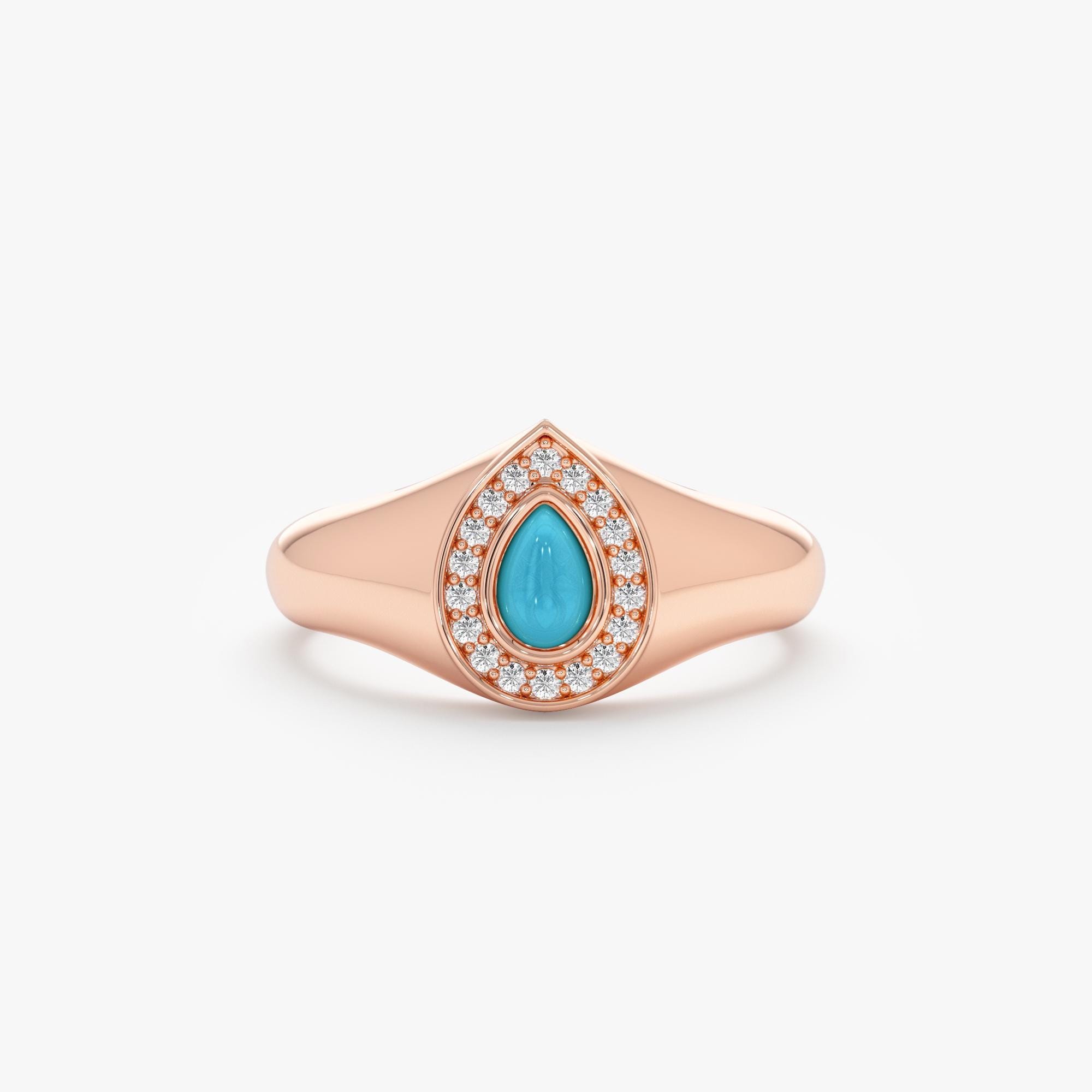 Natural Turquoise Signet Ring, Natural Diamond Halo Ring, Solid Gold ...