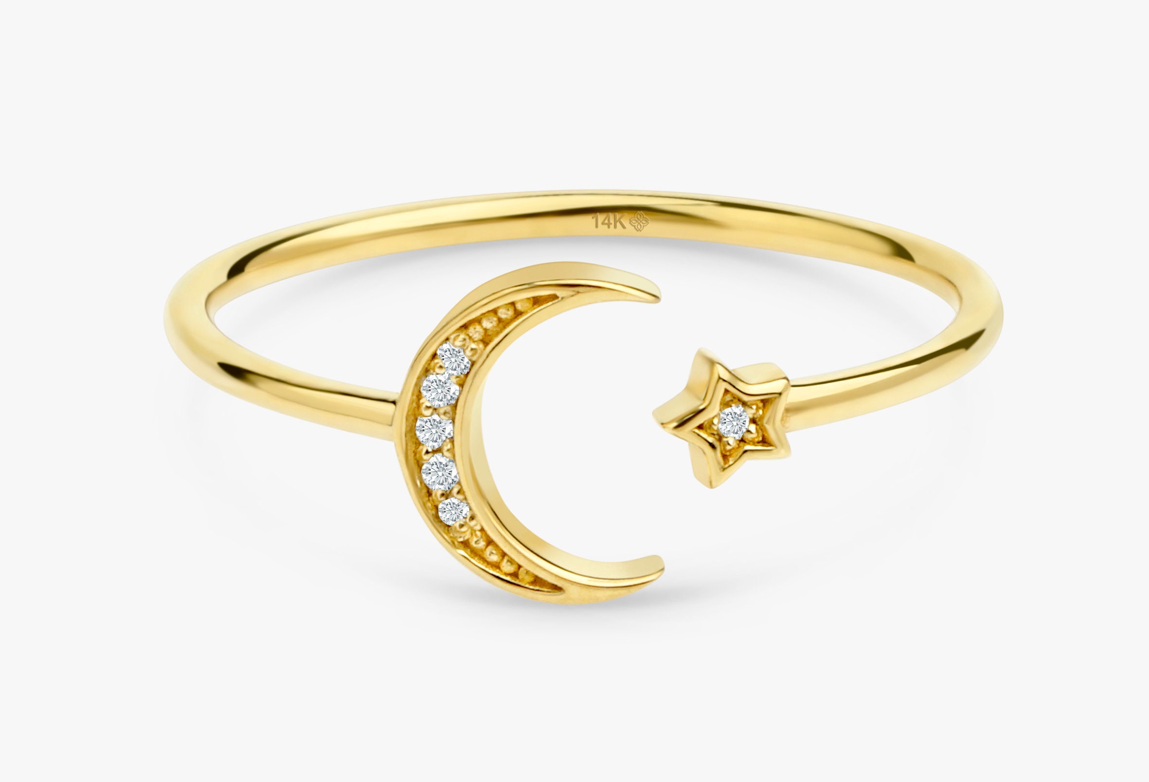 14k Gold Diamond Moon and Star Ring Stackable Cuff Ring | Etsy
