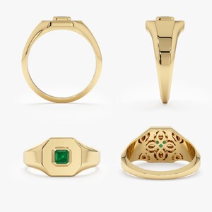 14k Signet Ring With Emerald, Square Shape Gemstone, Birthstone Jewelry ...