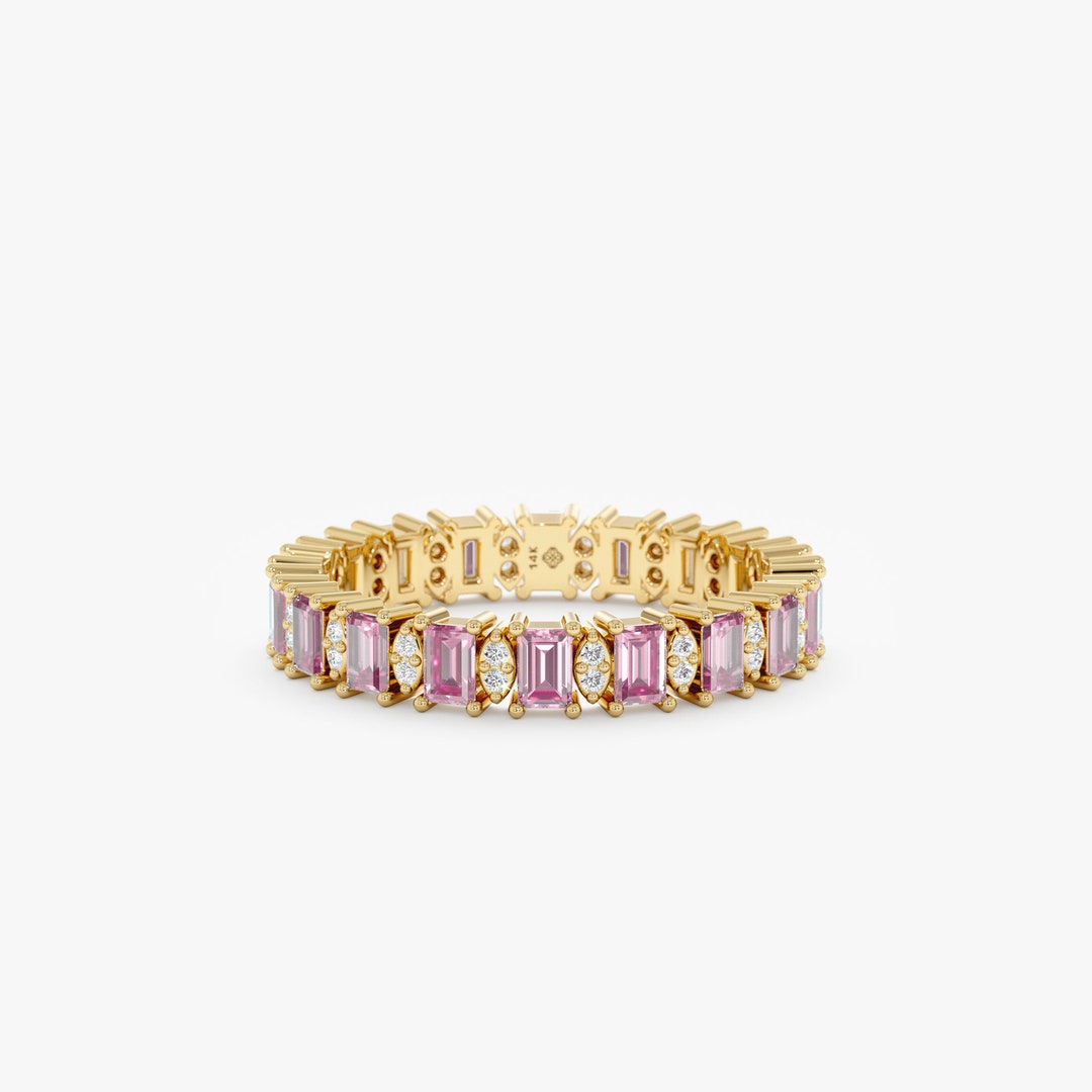 Pink Sapphire Diamond Eternity Ring, Baguette and Round Cut, Natural and Genuine, 14k or 18k ...