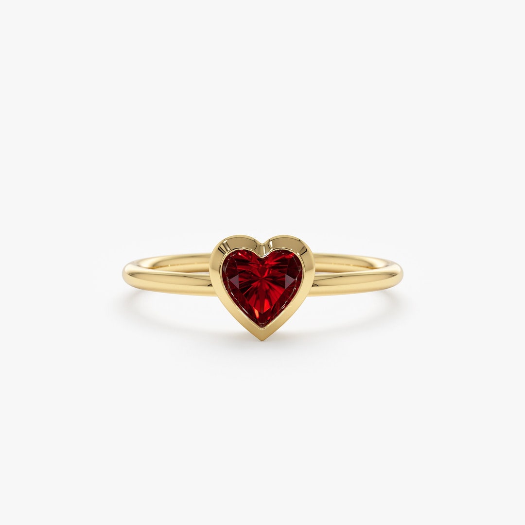 14k Garnet Ring, Heart Gemstone Garnet, Natural Red Garnet Ring, Bezel ...