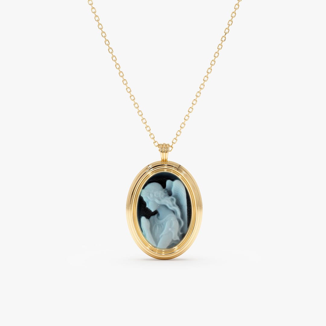 Classic Cameo Pendant, Exquisite Design, Oval Blue Agate Cameo, Solid ...