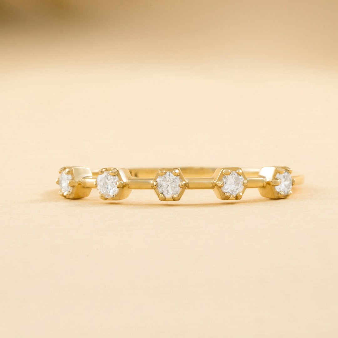Dainty Diamond Stacking Ring, Solid Gold Diamond Ring, Hexagon Setting ...