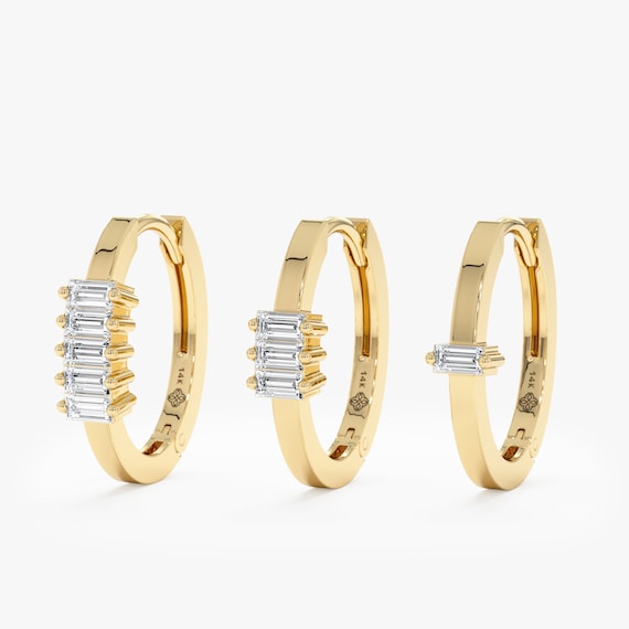 14k Small Diamond Huggies Diamond Small Hoop Earrings Baguette Diamond Hoops Dainty Hoop Earrings Ear Stacking 14k Gold Huggies Helena