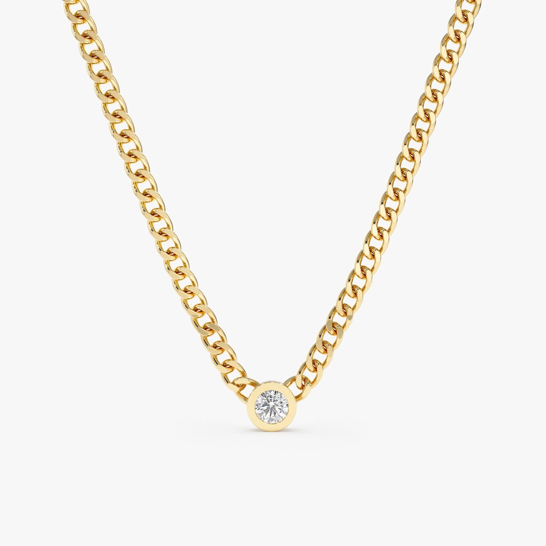 Solitaire Diamond Chain Necklace, 14k Cuban Chain Choker, Single Bezel ...