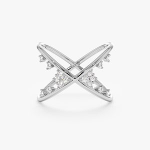 14k Unique Diamond X Ring, Hand Crafted Statement Ring, Genuine ...