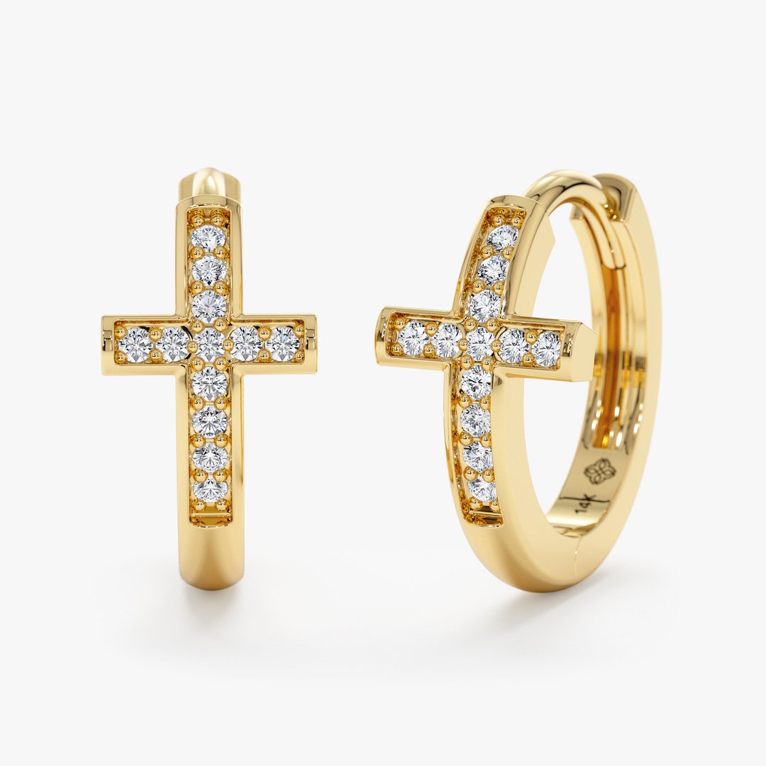 Solid Gold Diamond Cross Huggies, Dainty Cross Earrings, 14k or 18k Gold Huggie Hoops, Yellow ...