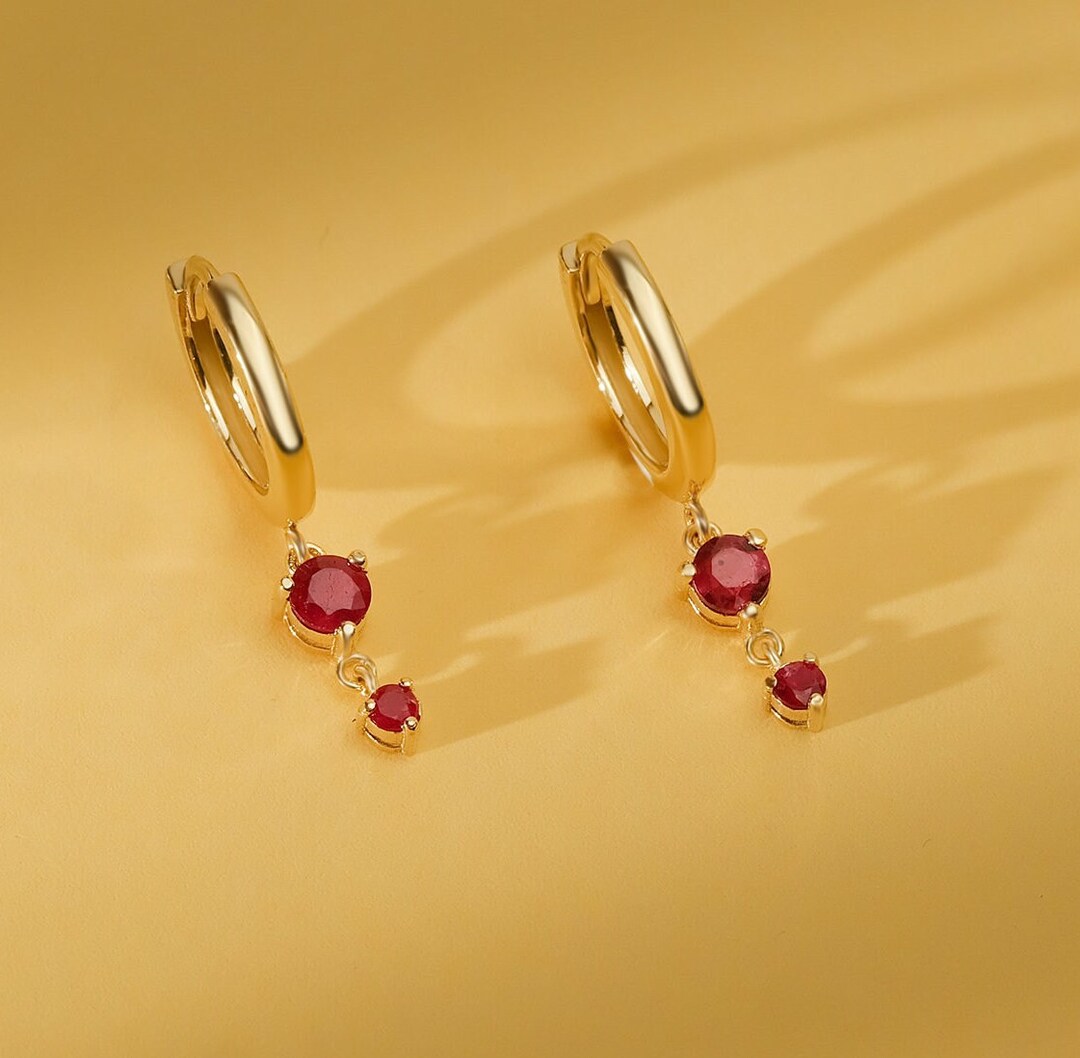 14k Ruby Huggies, Huggies With Dangly Rubies, 14k or 18k, Solid Gold Hoops, Stylish Hoop ...
