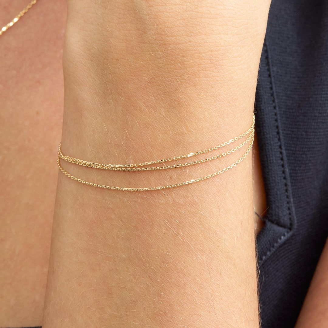14k Gold Stacked Multiple Chain Bracelet, Dainty Chain Bracelet ...