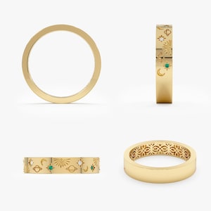 Celestial Ring, Natural Emerald Accents, Solid Gold Flat Band Ring ...